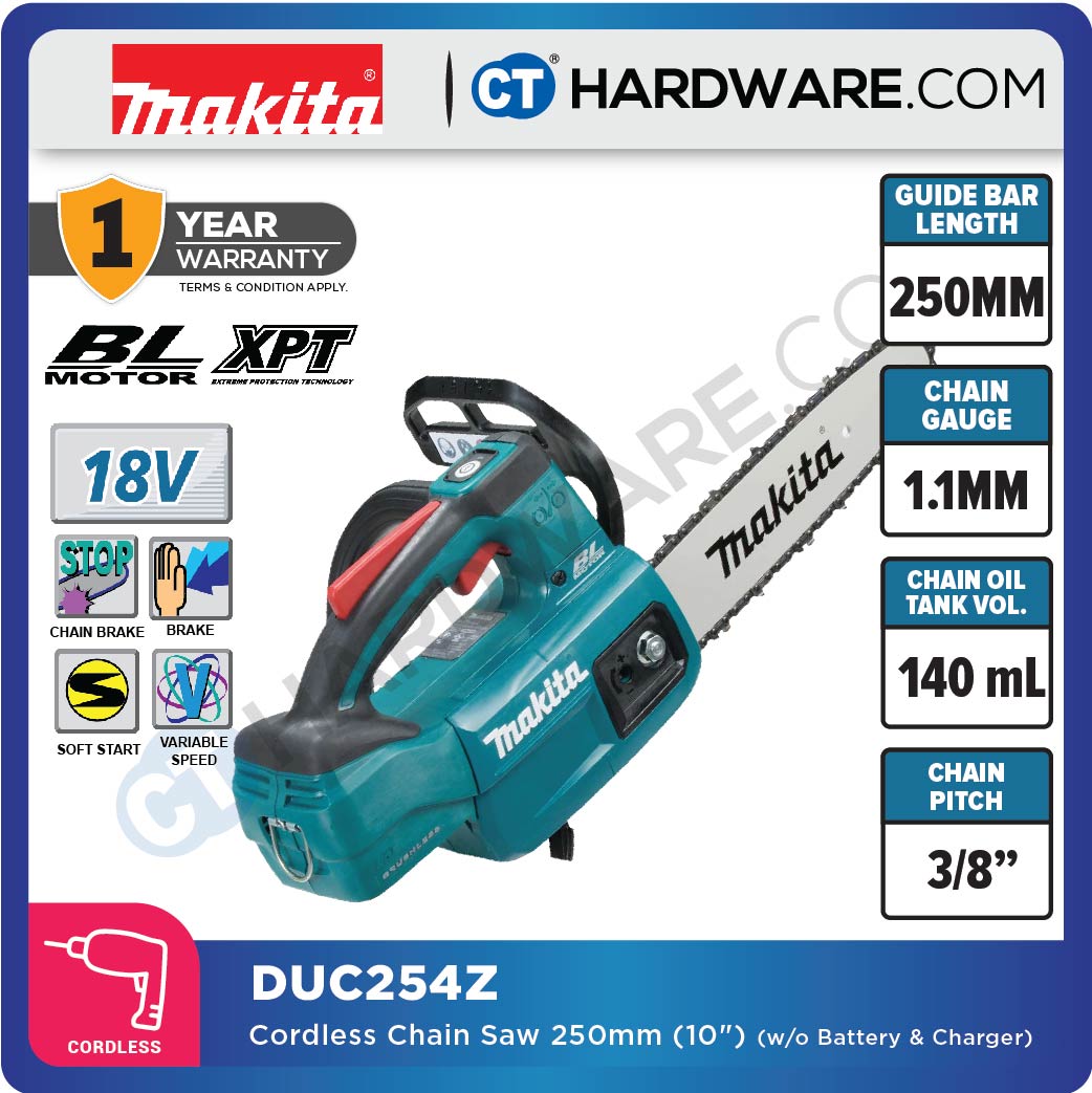 MAKITA DUC254Z CORDLESS CHAIN SAW 18V 10" NO BATT & CHARGER ( BRUSHLES – CT Hardware Online