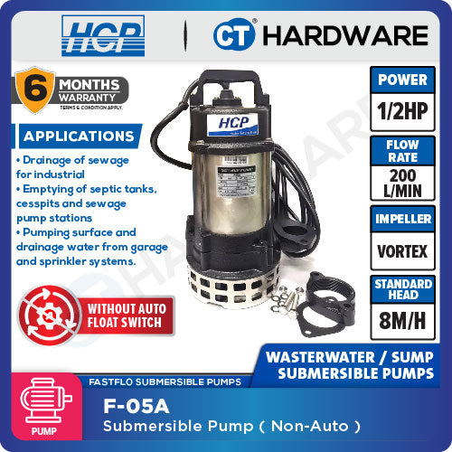 HCP F-05A SUBMERSIBLE SEWAGE EFFLUENT PUMPS 2" | 1/2HP | 200L/M | MANU – CT Hardware Online