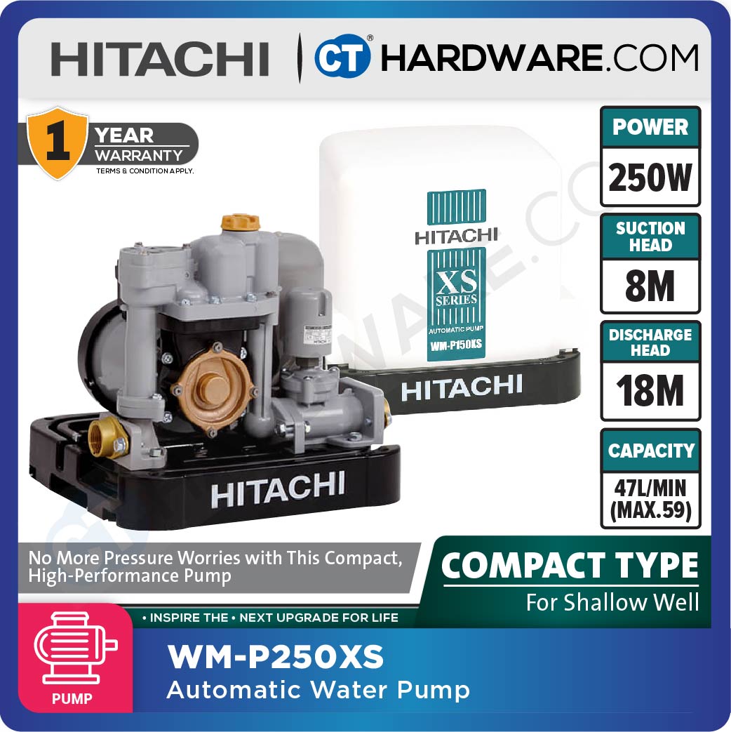 HITACHI WM-P250XS AUTOMATIC WATER PUMP COMPACT TYPE FOR SHALLOW WELLS – CT Hardware Online