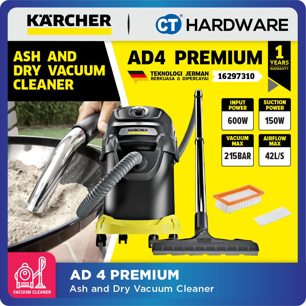 Karcher AD4 PREMIUM Bagless Ash & Dry Vacuum Cleaner 600W 17l [AD4PREM ...