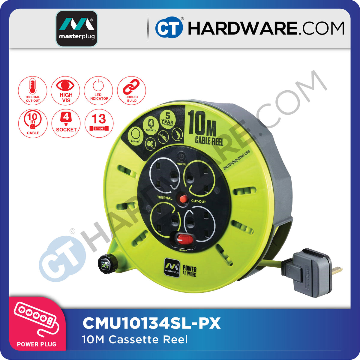 Masterplug Cassette Reel With 10M Green Wire,4 Socket 13Amp CMU10134SL ...