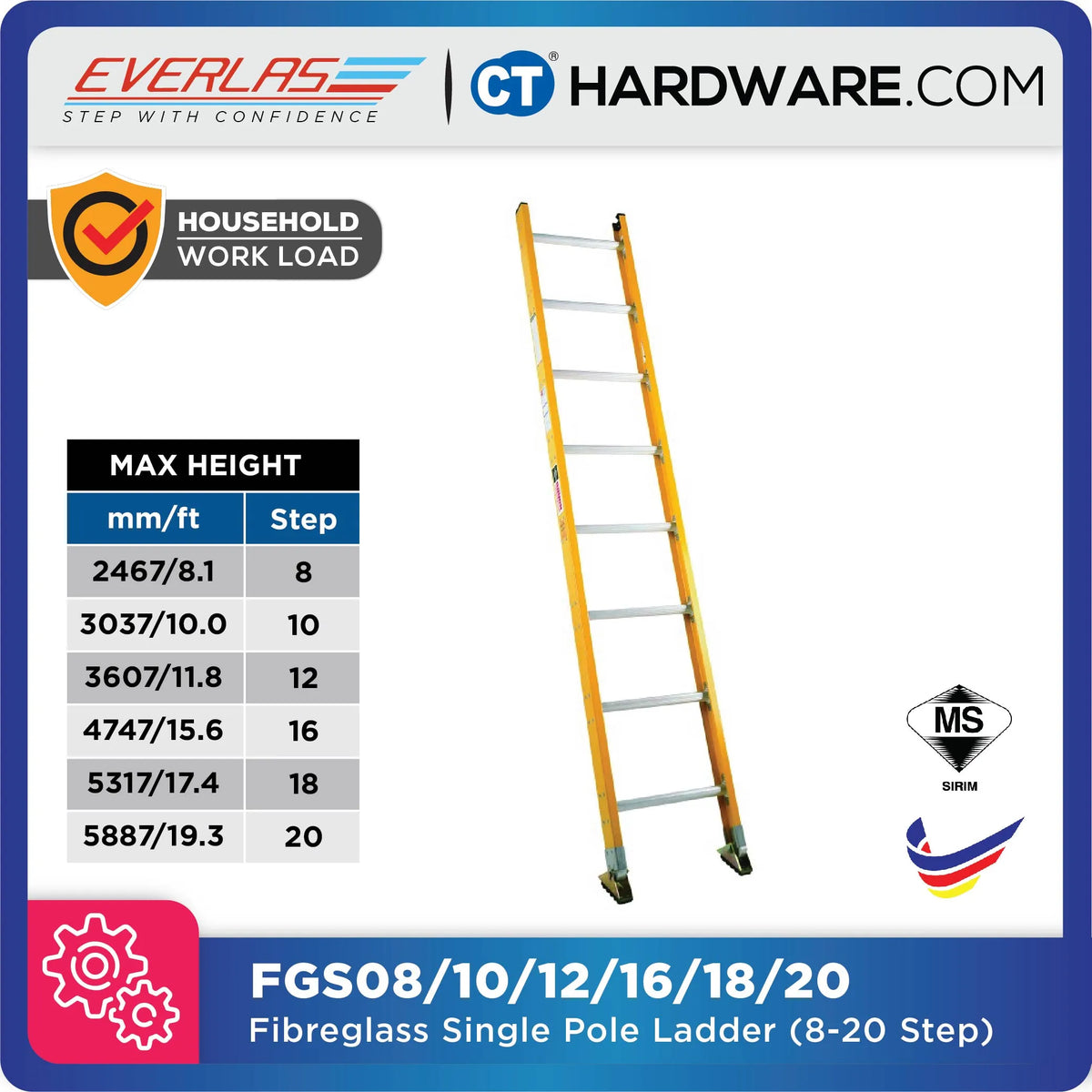 [BYO] Everlas FGS Series Fibreglass Single Pole Ladder 8 Steps - 20 St ...