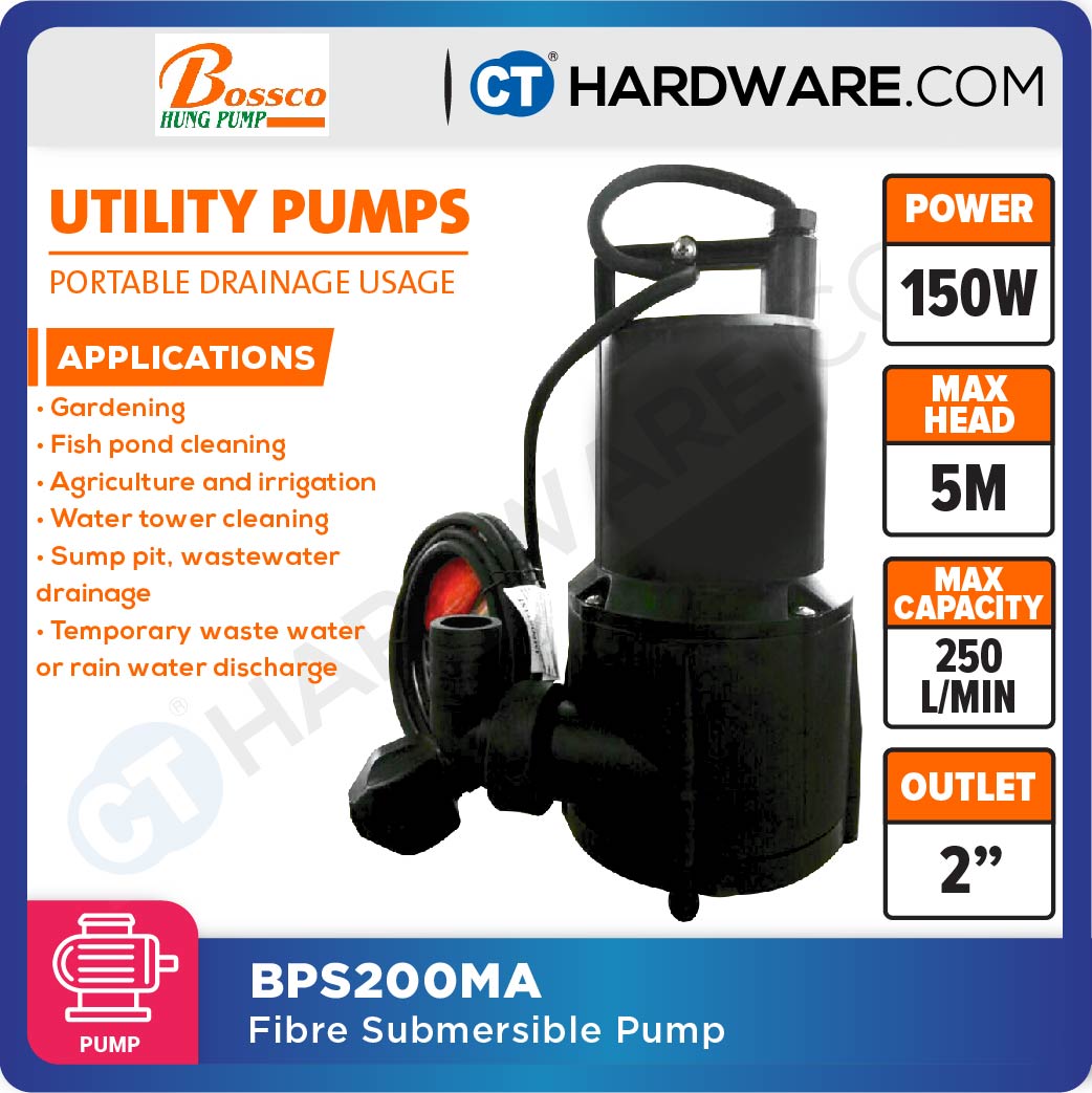 BOSSCO BPS200MA FIBRE SUBMERSIBLE PUMP 1/4HP | 180L/MIN | 6.5M/H | AUT ...