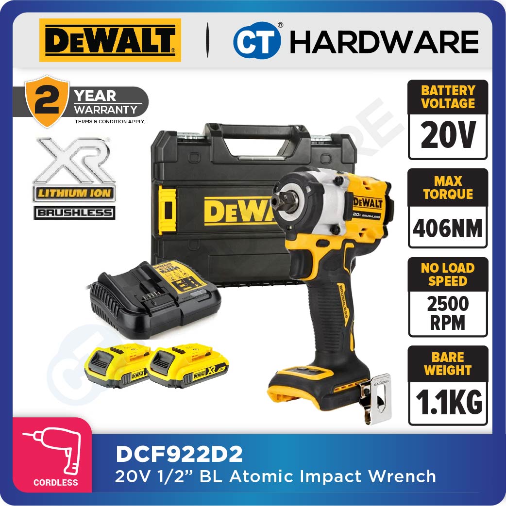 DeWalt DCF922D2 ATOMIC™ 20V MAX Compact Impact Wrench 1/2"Dr 406Nm Inc ...