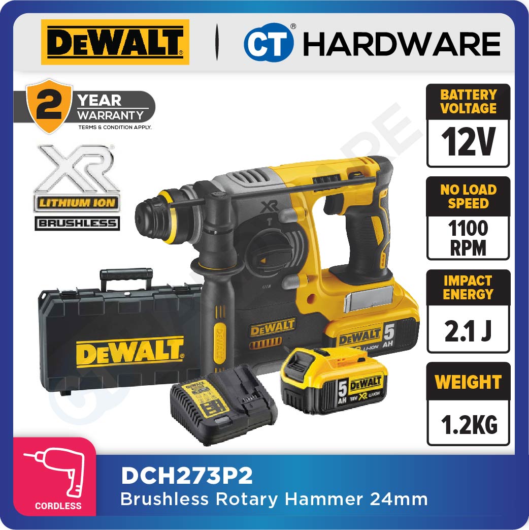 DEWALT DCH273P2 BRUSHLESS ROTARY HAMMER 3 MODE 20V 5.0AH 24MM 2.4J 110 ...