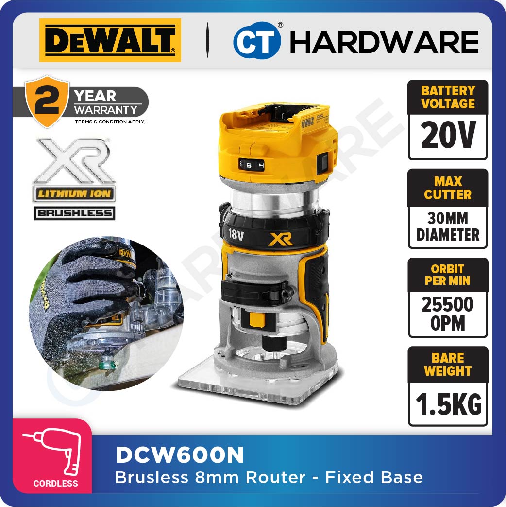 DEWALT DCW600N CORDLESS BRUSHLESS ROUTER 20V 6-8MM COLLET 16000-25500R ...