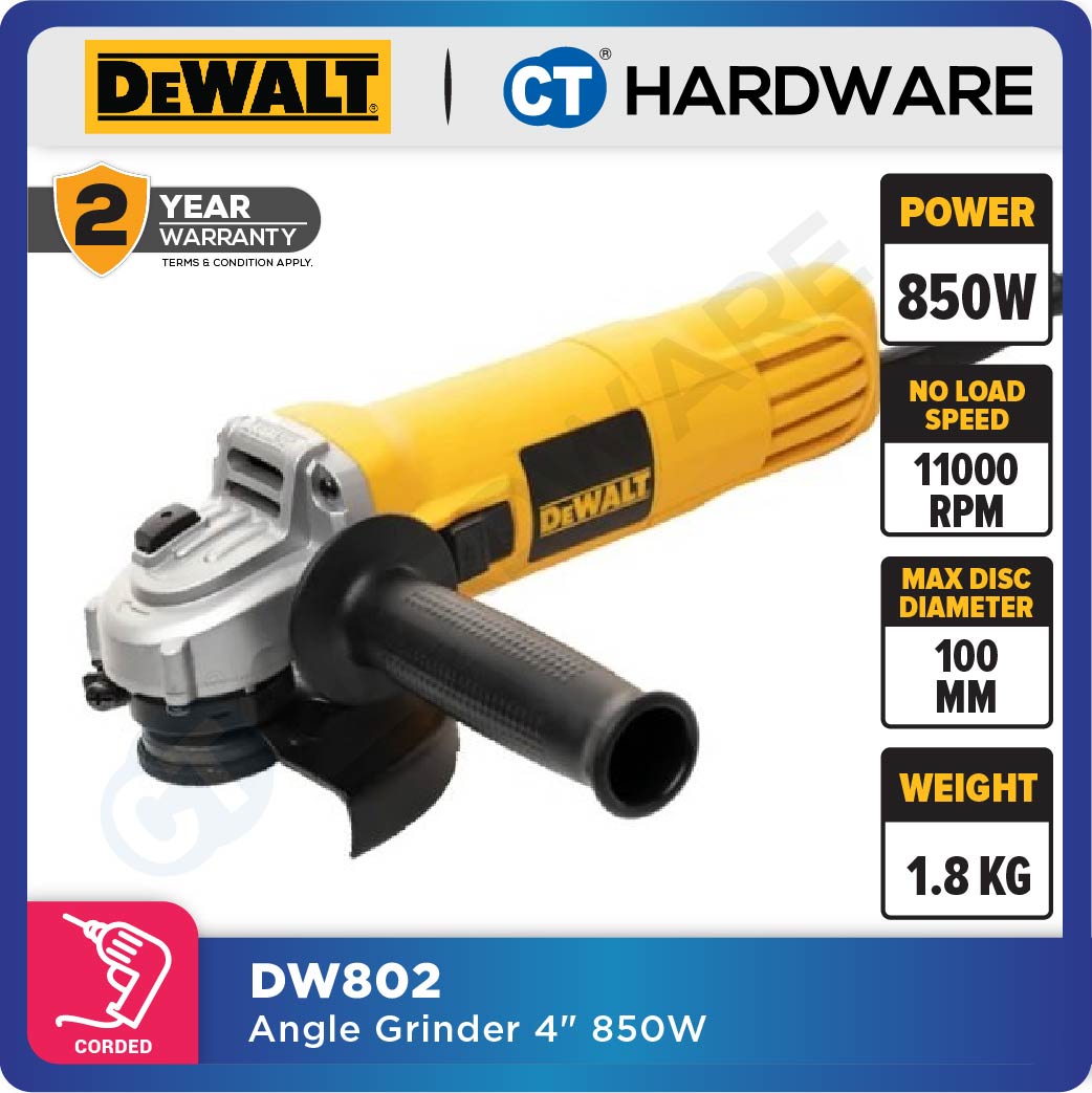 DEWALT DW802 ANGLE GRINDER 4" 850W 220-240V 100MM 1100RPM CORDED (SLID ...