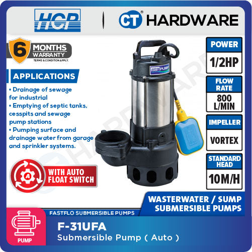 HCP F-31UFA SUBMERSIBLE SEWAGE EFFLUENT PUMPS 1HP | 230V | 460L/M | 10 ...