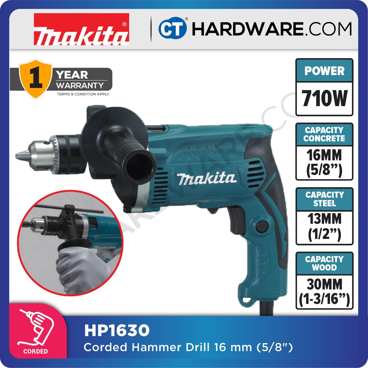 Makita HP1630 Corded Hammer Drill Malaysia 16 mm (5/8") – CT Hardware ...