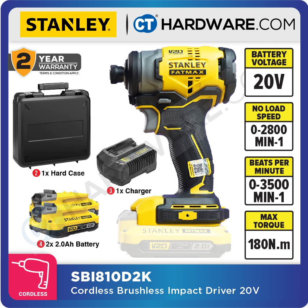 STANLEY SBI810D2K 20V CORDLESS BRUSHLESS IMPACT DRIVER COME WITH 2x 2 ...