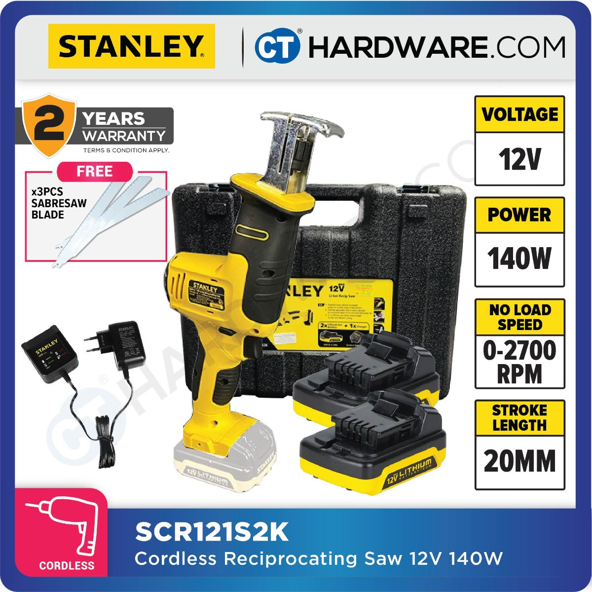 STANLEY SCR121S2K CORDLESS RECIPROCATING SAW 12V 2700RPM COME WITH 2x ...
